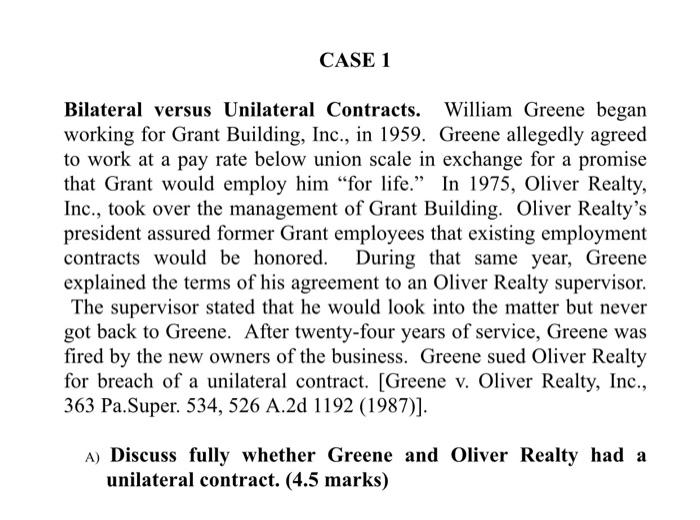 Solved CASE 1 Bilateral versus Unilateral Contracts. William | Chegg.com