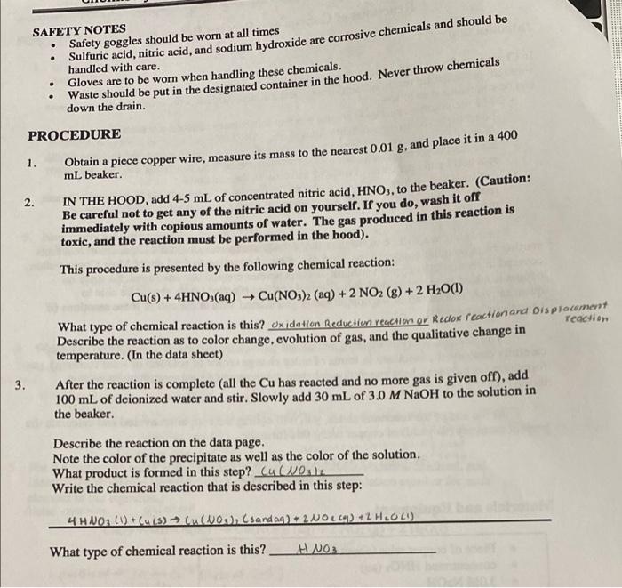 Solved SAFETY NOTES Safety goggles should be worn at all | Chegg.com