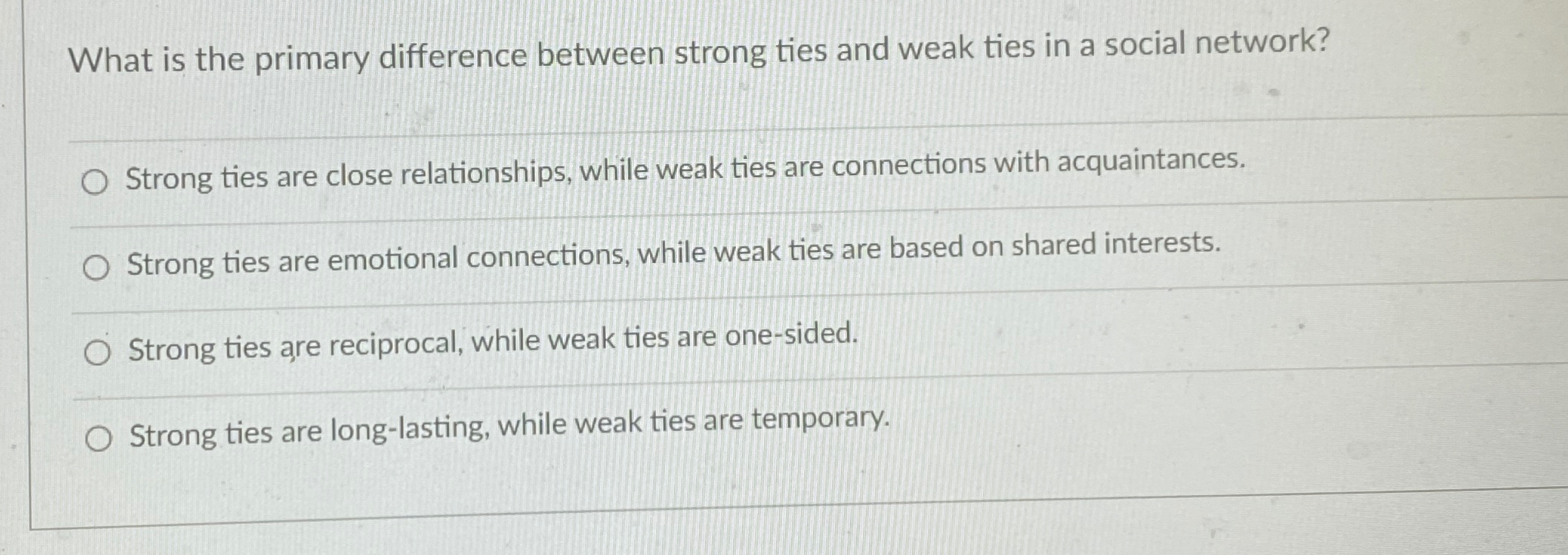 Solved What is the primary difference between strong ties | Chegg.com