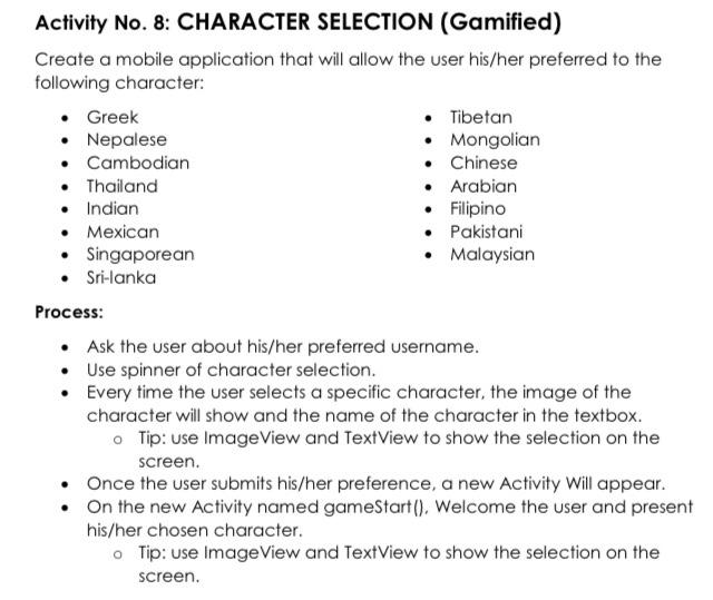 Solved Activity No. 8: CHARACTER SELECTION (Gamified) Create | Chegg.com