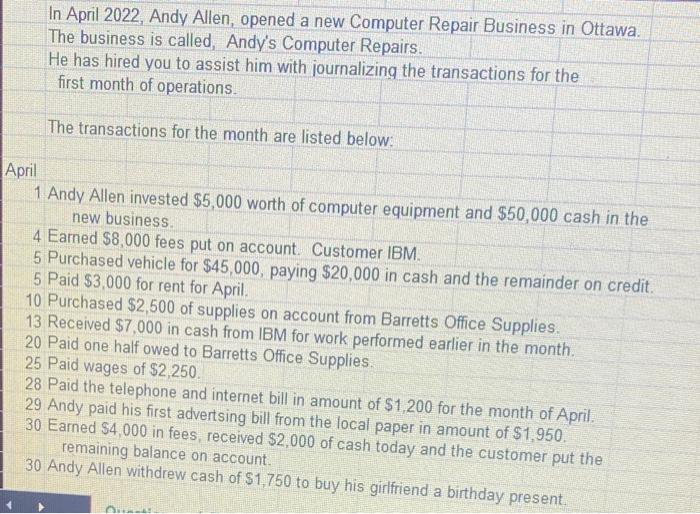 Solved In April 2022, Andy Allen, opened a new Computer | Chegg.com