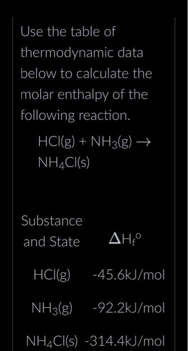 Solved Use the table of thermodynamic data below to | Chegg.com
