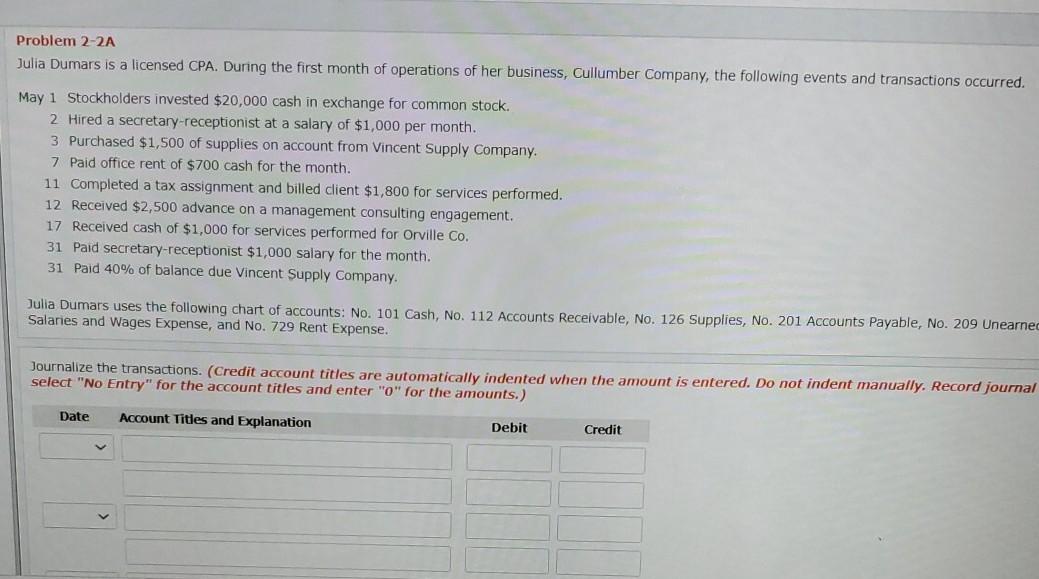 Solved Problem 2-2A Julia Dumars is a licensed CPA. During | Chegg.com