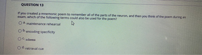Solved QUESTION 13 If you created a mnemonic poem to | Chegg.com