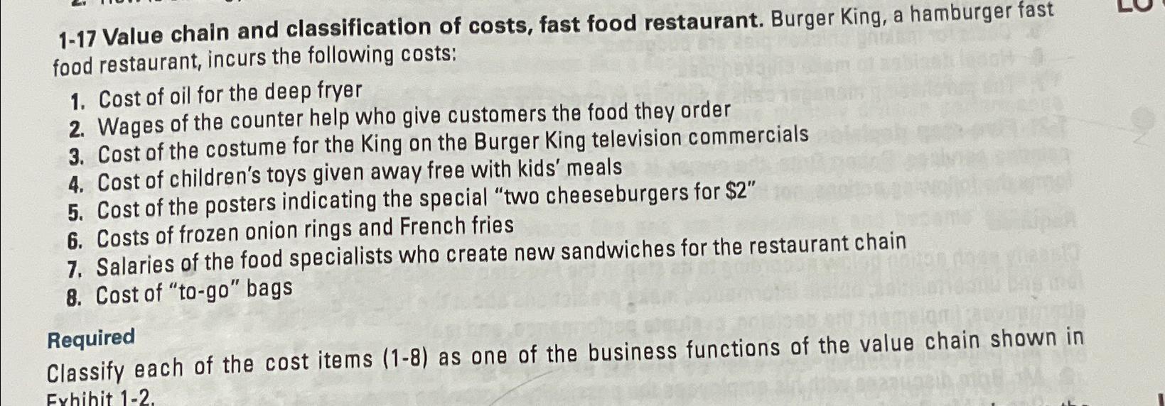 Solved 1-17 ﻿Value chain and classification of costs, fast | Chegg.com