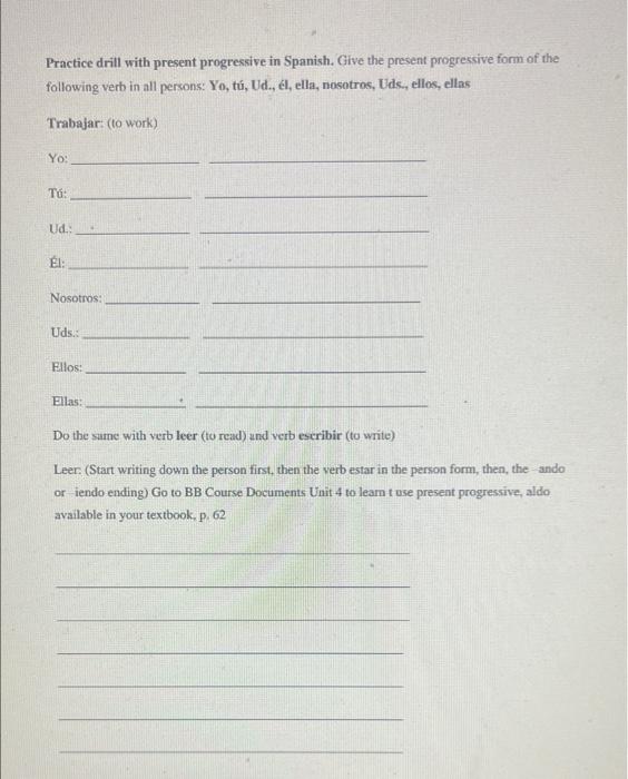 Practice drill with present progressive in Spanish. | Chegg.com