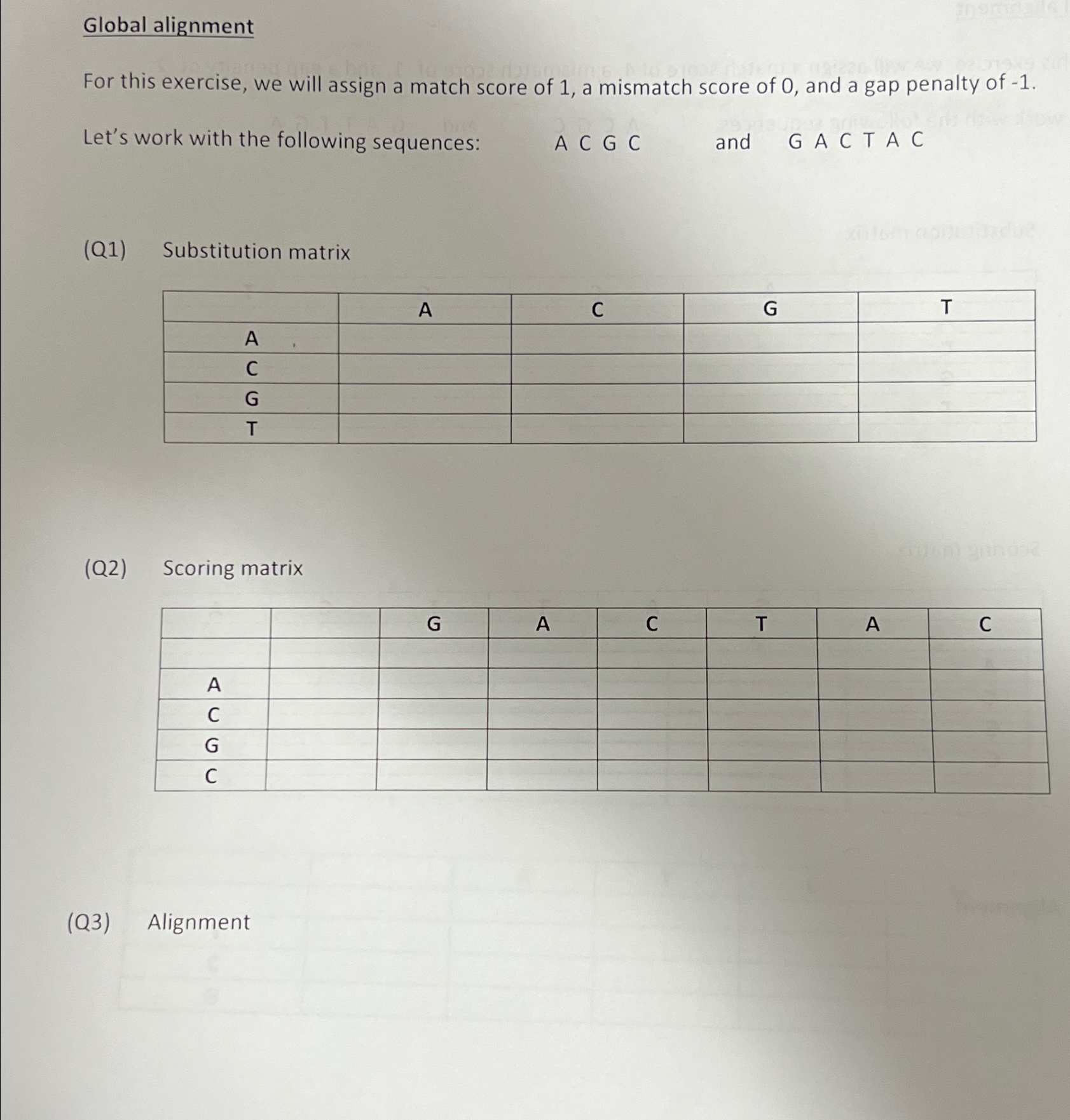 Solved Global alignmentFor this exercise, we will assign a | Chegg.com