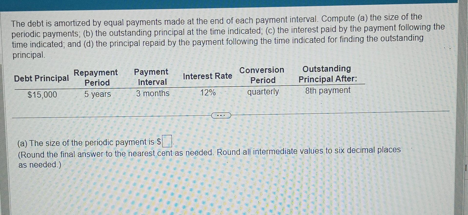 Solved The debt is amortized by equal payments made at the | Chegg.com