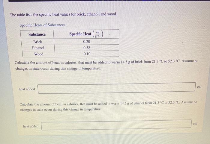Solved The table lists the specific heat values for brick, | Chegg.com
