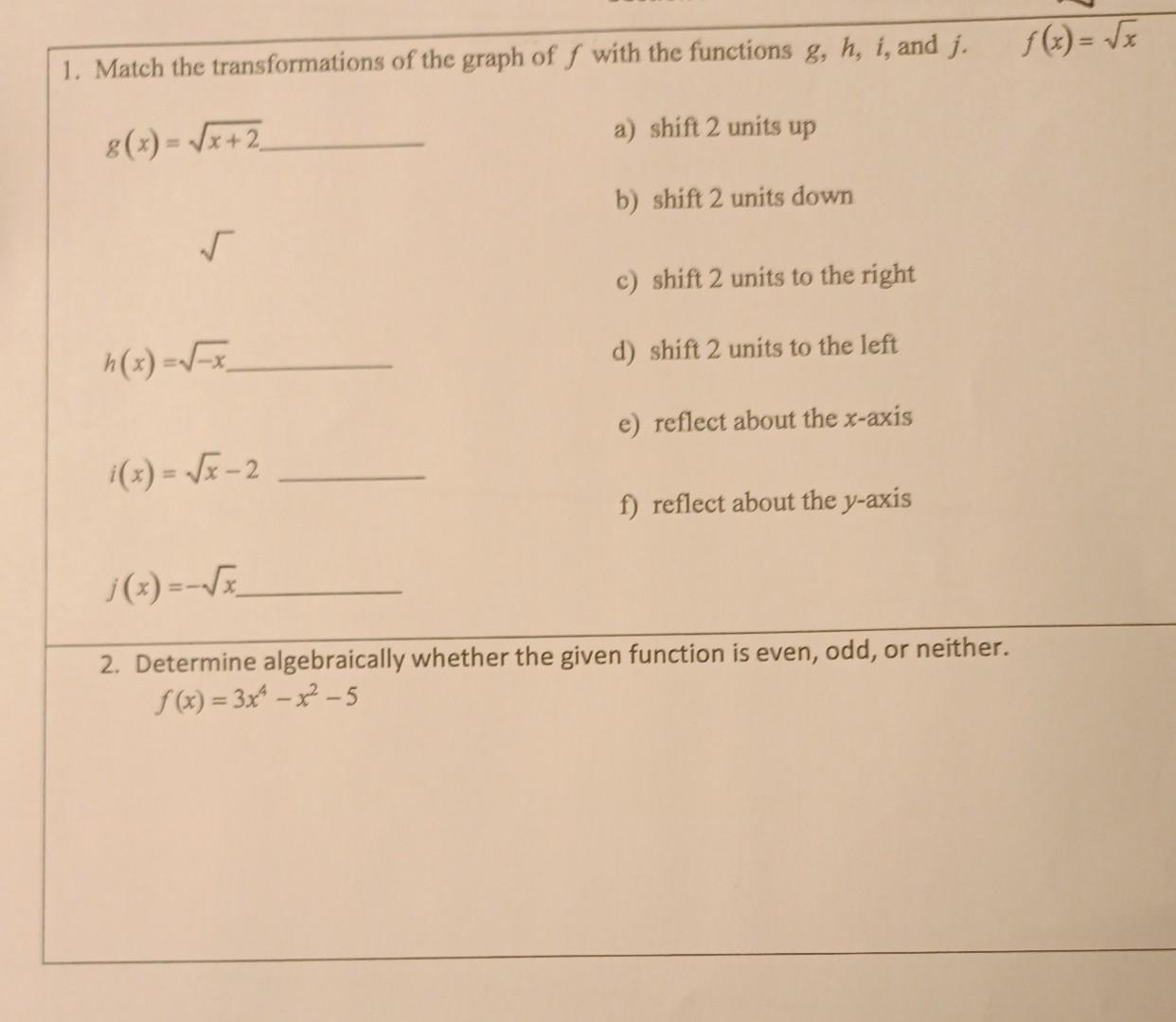 Solved 1. Match the transformations of the graph of f with | Chegg.com