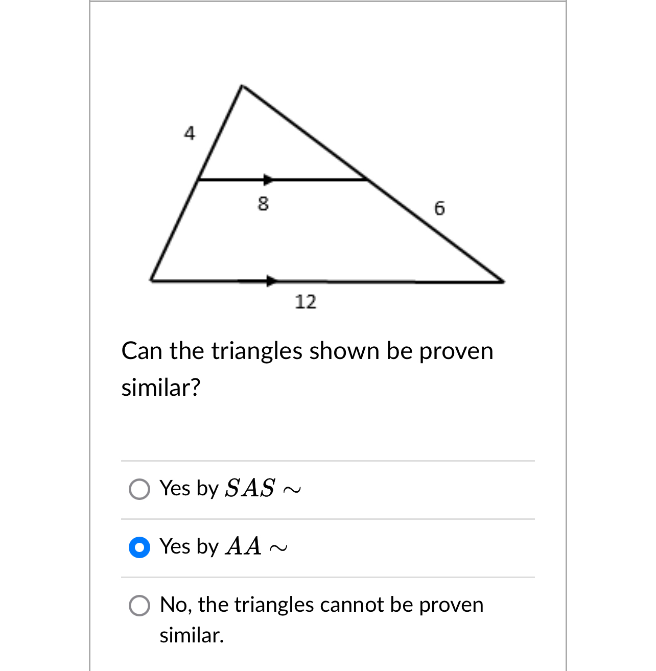 Solved Can the triangles shown be proven similar?Yes by | Chegg.com