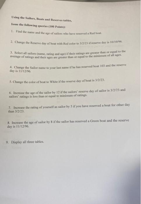 Solved Create the following tables, Sailors, Reserves and | Chegg.com