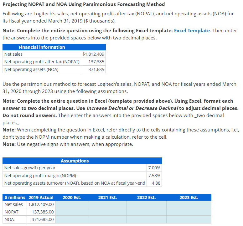 Solved Projecting NOPAT and NOA Using Parsimonious | Chegg.com