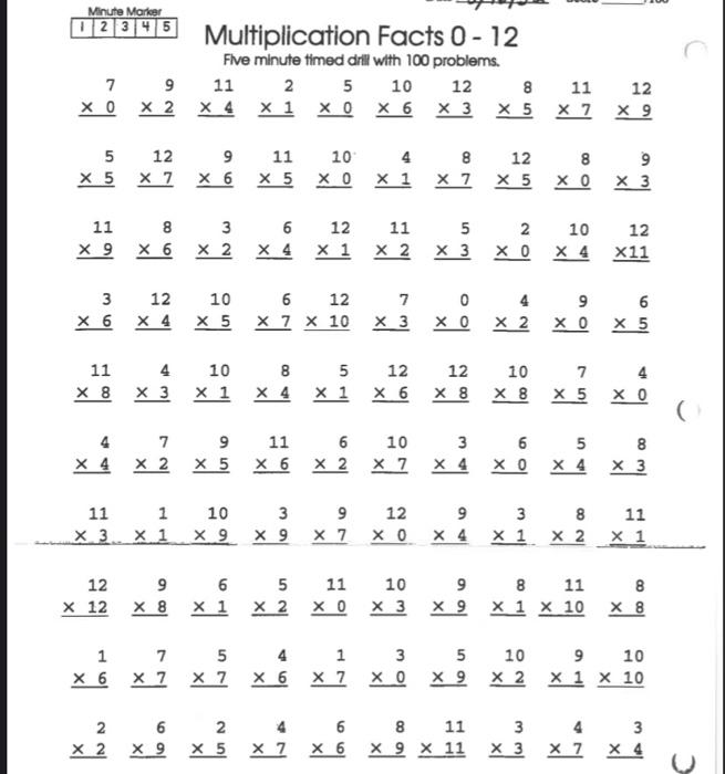 Solved Minute Morteer 12345 Multiplication Facts 0 - 12 Five | Chegg.com