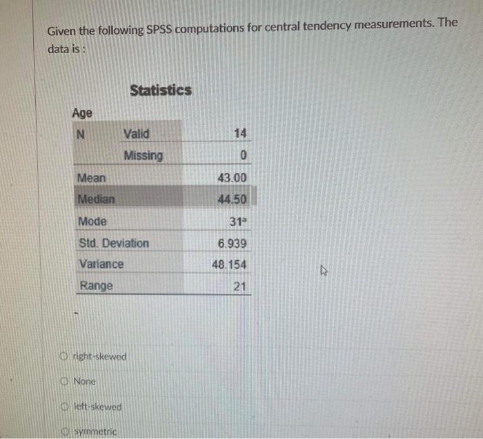 Solved Given the following SPSS computations for central | Chegg.com