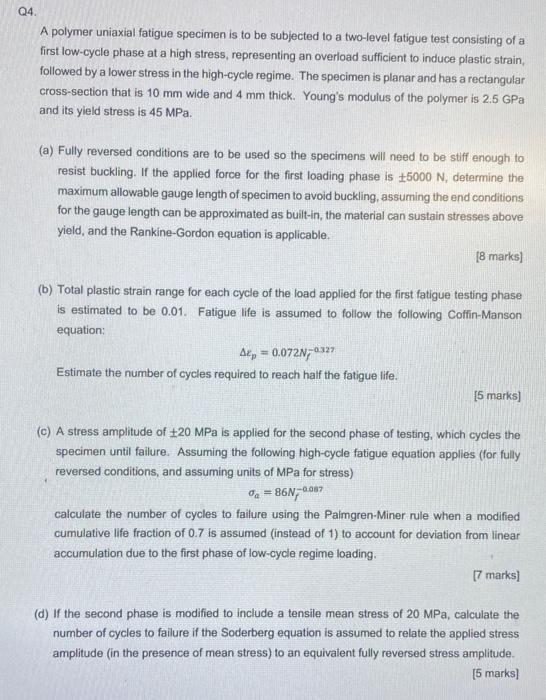 Solved A polymer uniaxial fatigue specimen is to be | Chegg.com