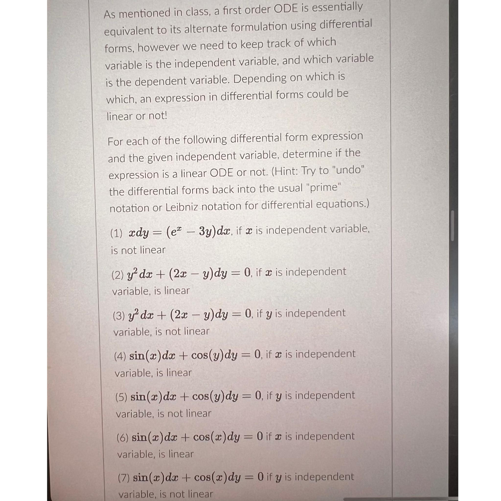 Solved As mentioned in class, a first order ODE is | Chegg.com