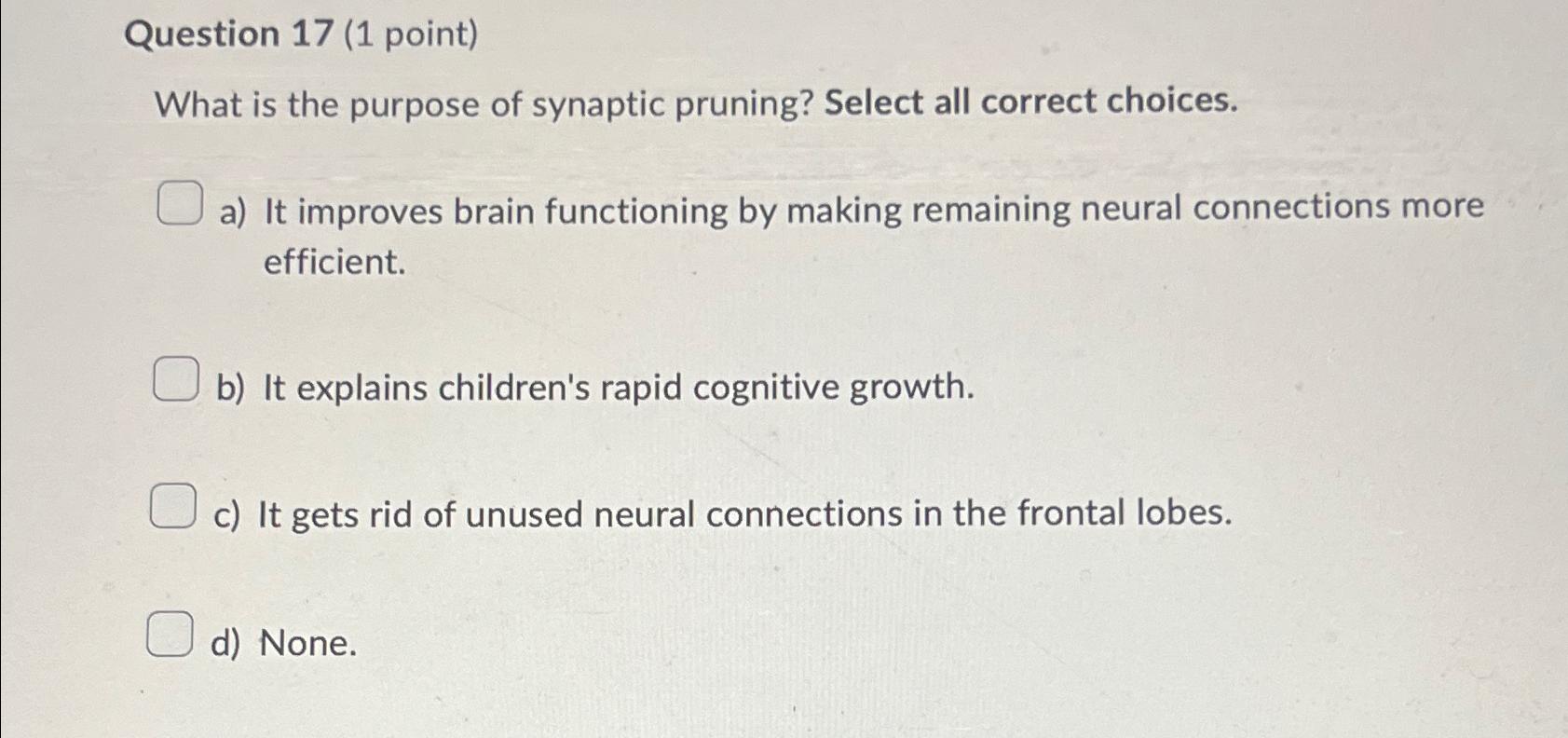 Solved Question 17 (1 ﻿point)What is the purpose of synaptic | Chegg.com