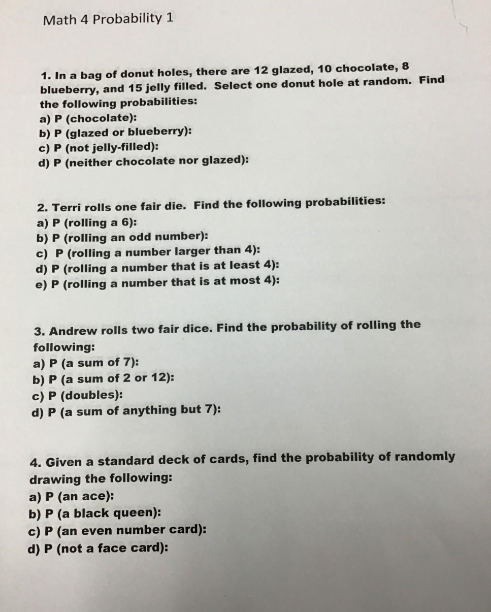 Solved Math 4 Probability 1 1. In a bag of donut holes, | Chegg.com
