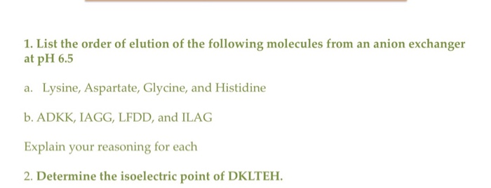 Solved 1. List the order of elution of the following | Chegg.com