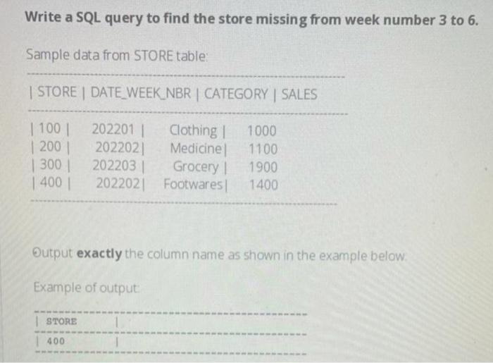 Solved Write a SQL query to find the store missing from week | Chegg.com