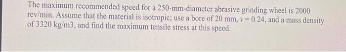 Solved The maximum recommended speed for a 250 -mm-diameter | Chegg.com