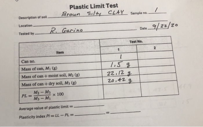 Solved Plastic Limit Test Brown silty CLAY Sample no.. / | Chegg.com