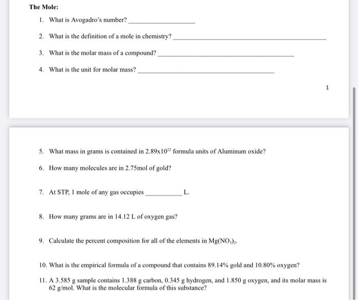 Solved The Mole: 1. What is Avogadro's number? 2. What is | Chegg.com