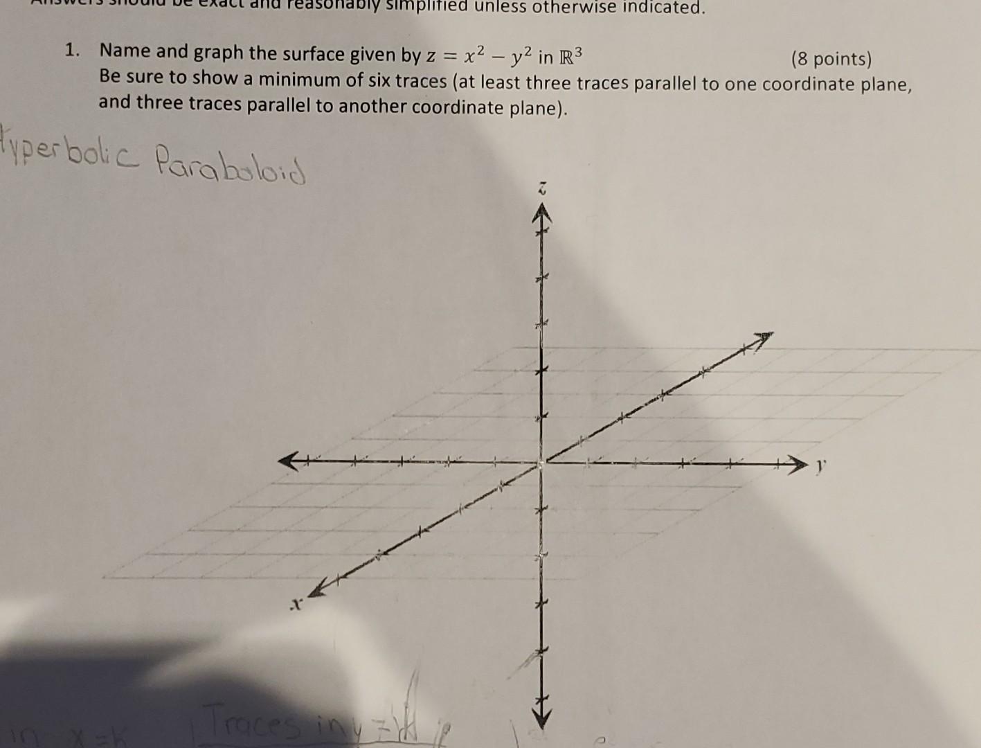 Solved 1. Name and graph the surface given by z=x2−y2 in R3 | Chegg.com
