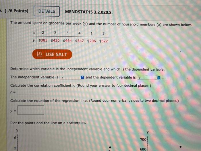 Solved Use the given set of bivariate data. x 1 2 3 4 5 6 y | Chegg.com