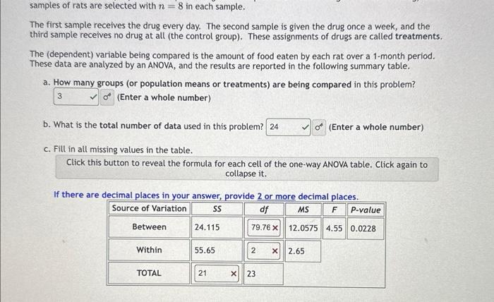 Solved samples of rats are selected with n=8 in each sample. | Chegg.com