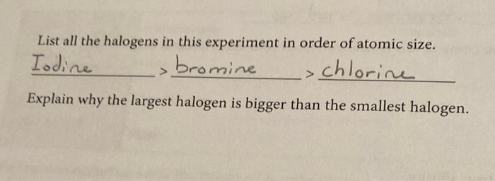 Solved List all the halogens in this experiment in order of | Chegg.com