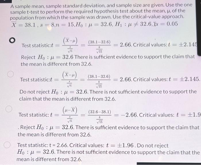 Solved A sample mean, sample standard deviation, and sample | Chegg.com