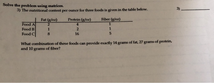 Solved Solve the problem using matrices. 3) The nutritional | Chegg.com