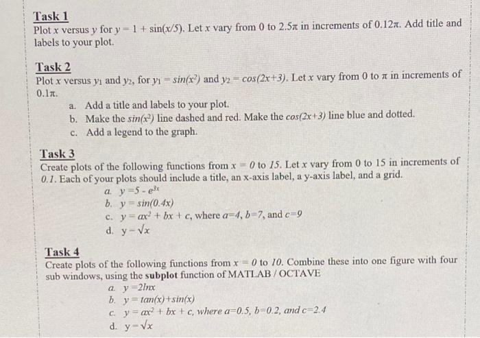Solved Task 1 Plot x versus y for y=1+sin(x/5). Let x vary | Chegg.com