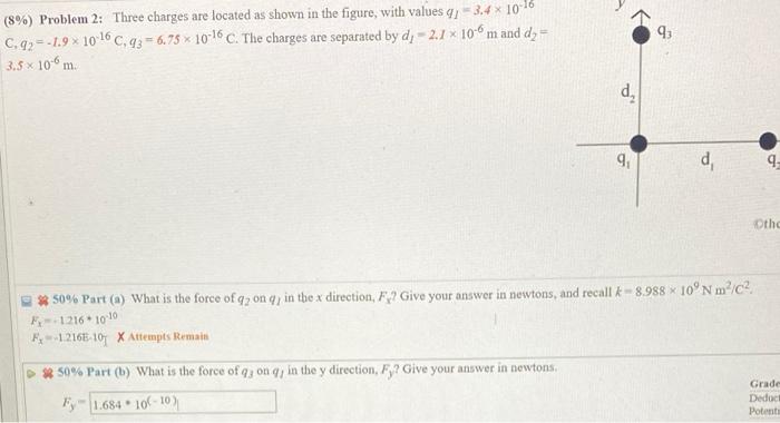 Solved (8\%) Problem 2: Three charges are located as shown | Chegg.com
