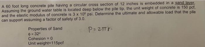 Solved A 60 foot long concrete pile having a circular cross | Chegg.com