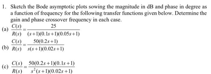 Solved 1. Sketch the Bode asymptotic plots sowing the | Chegg.com