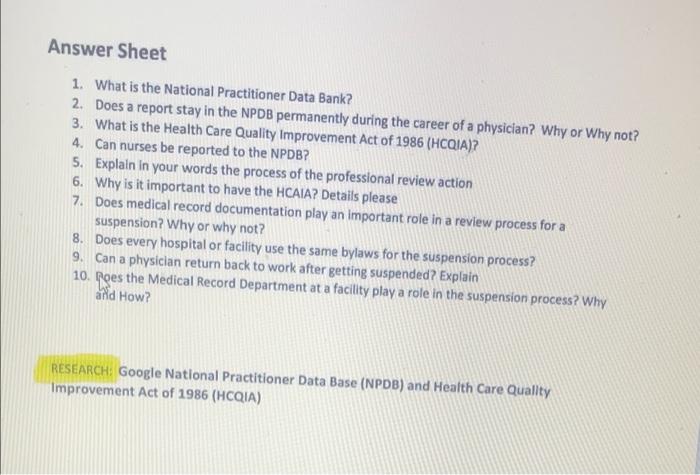Solved Answer Sheet 1. What is the National Practitioner | Chegg.com