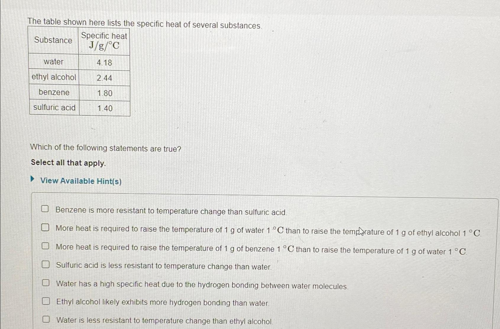 Solved The table shown here lists the specific heat of | Chegg.com
