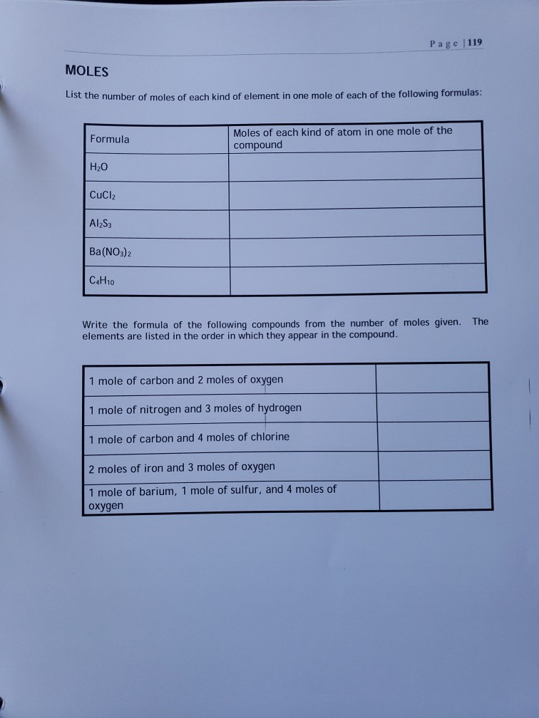 Solved Page 119 MOLES List the number of moles of each kind | Chegg.com