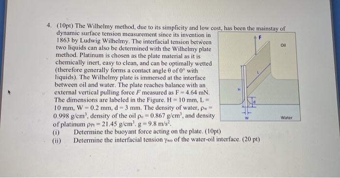 Solved Oil 4. (10pt) The Wilhelmy method, due to its | Chegg.com