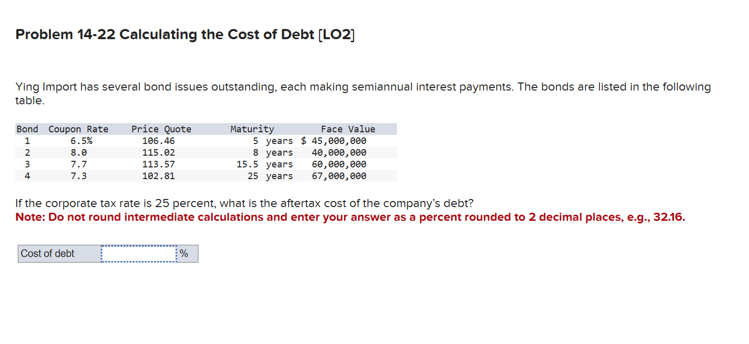 Solved Problem 14-22 ﻿Calculating the Cost of Debt [LO2]Ying | Chegg.com