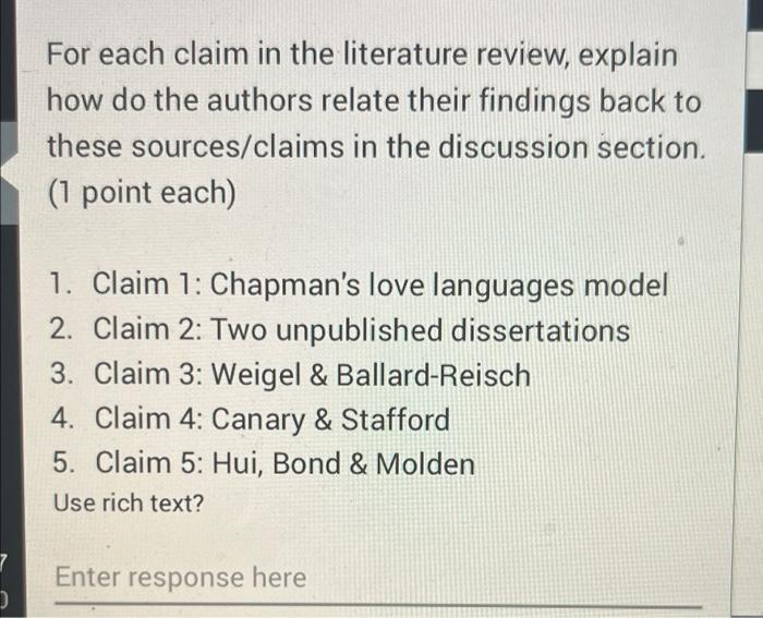 For each claim in the literature review, explain how | Chegg.com