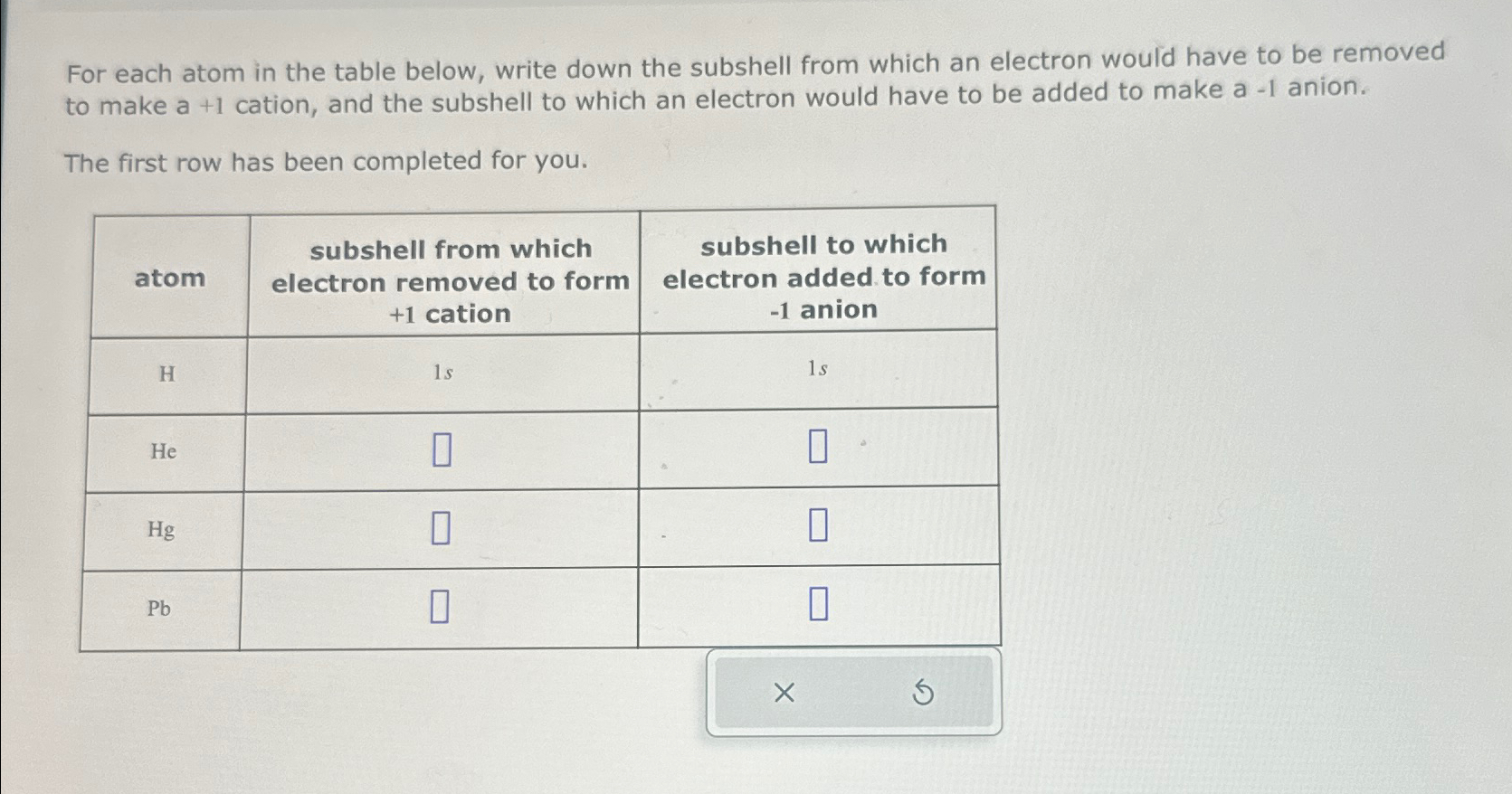Solved For each atom in the table below, write down the | Chegg.com