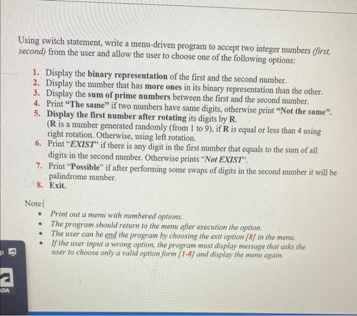 Solved Using Switch Statement Write A Menu Driven Program 1399