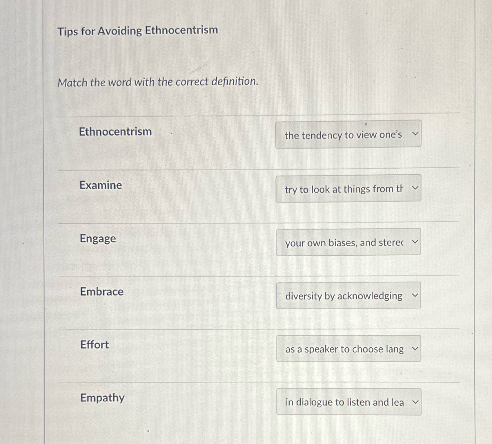 Solved Tips for Avoiding EthnocentrismMatch the word with | Chegg.com