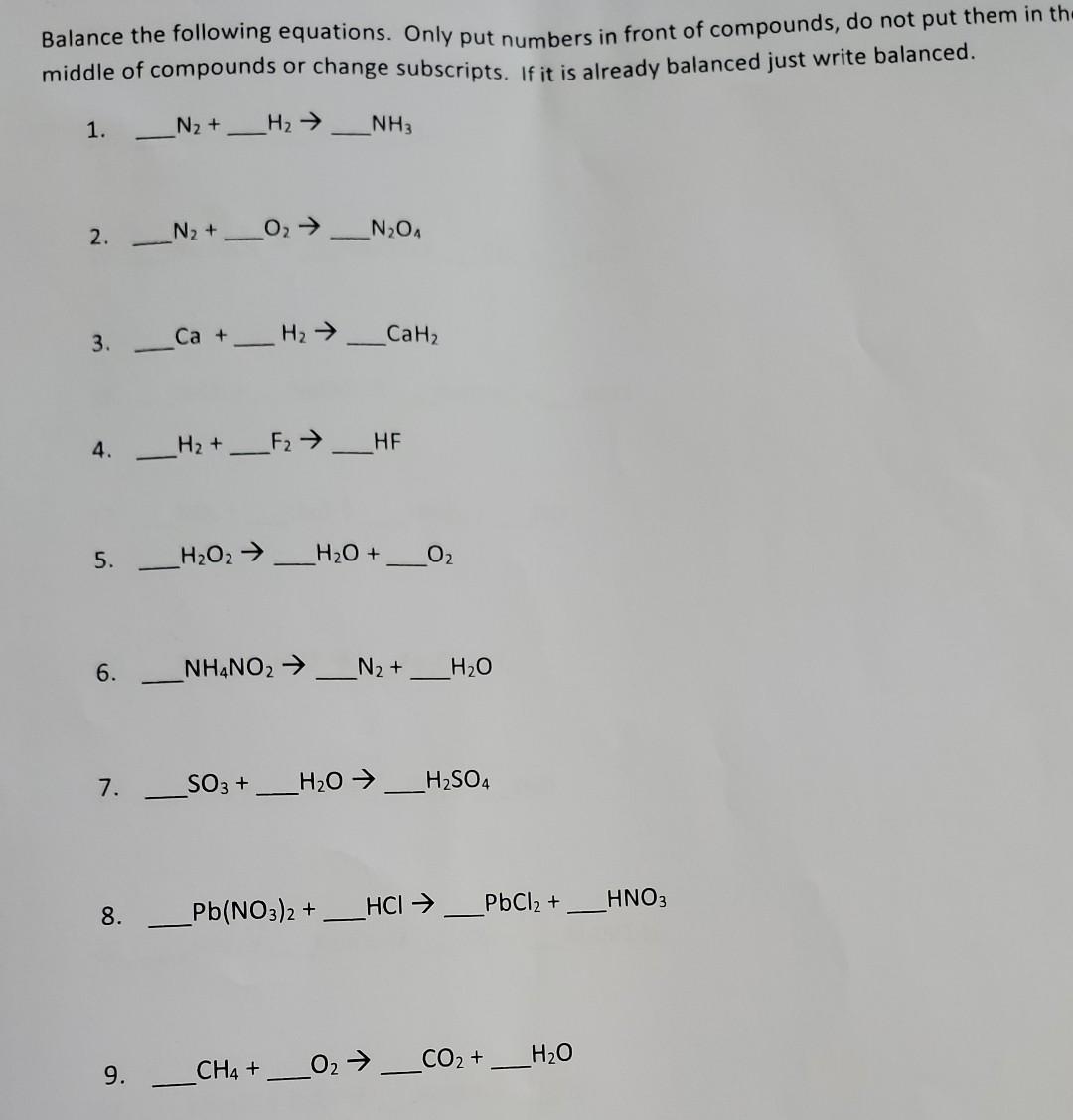 Solved Balance the following equations. Only put numbers in | Chegg.com