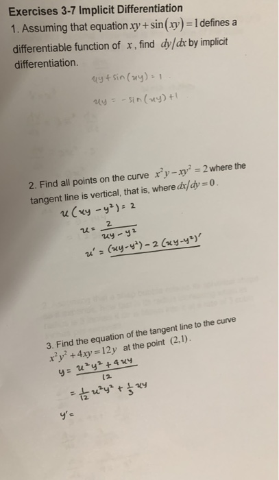 Solved Exercises 3-7 Implicit Differentiation 1. Assuming | Chegg.com