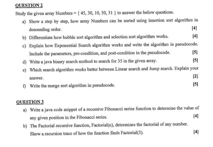 Solved Study the given array Numbers ={45,30,10,50,31} to | Chegg.com